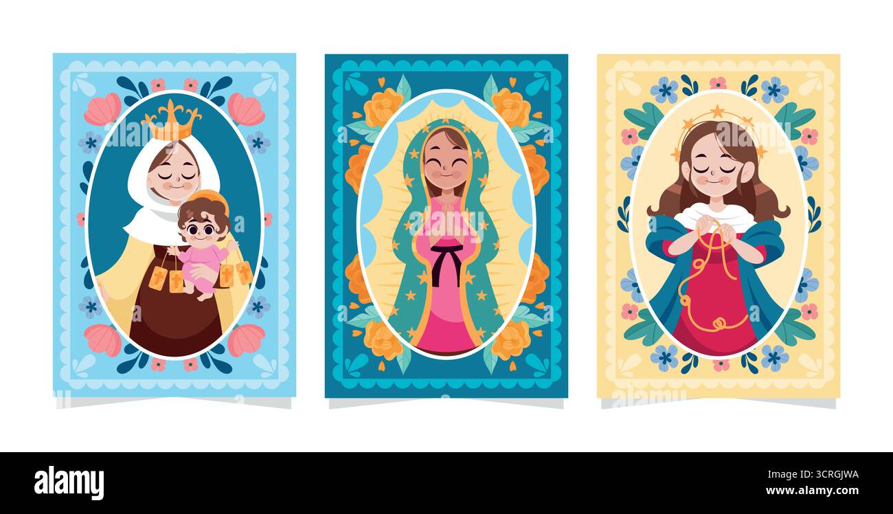 Set of Vertical Catholic Cards with Virgin Mary Art and Prayer Designs ...