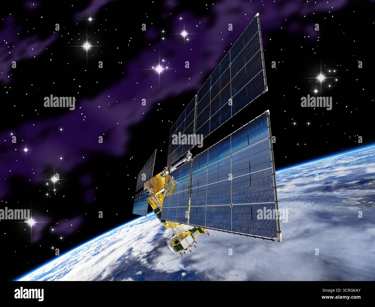 Modern navigation satellite at the Earth orbit. 3d rendering background ...