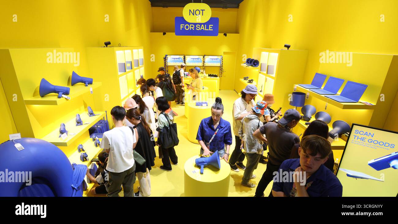 A photo shows the Ukraine booth at the Expo, which was crowded with many visitors at the Osaka ...