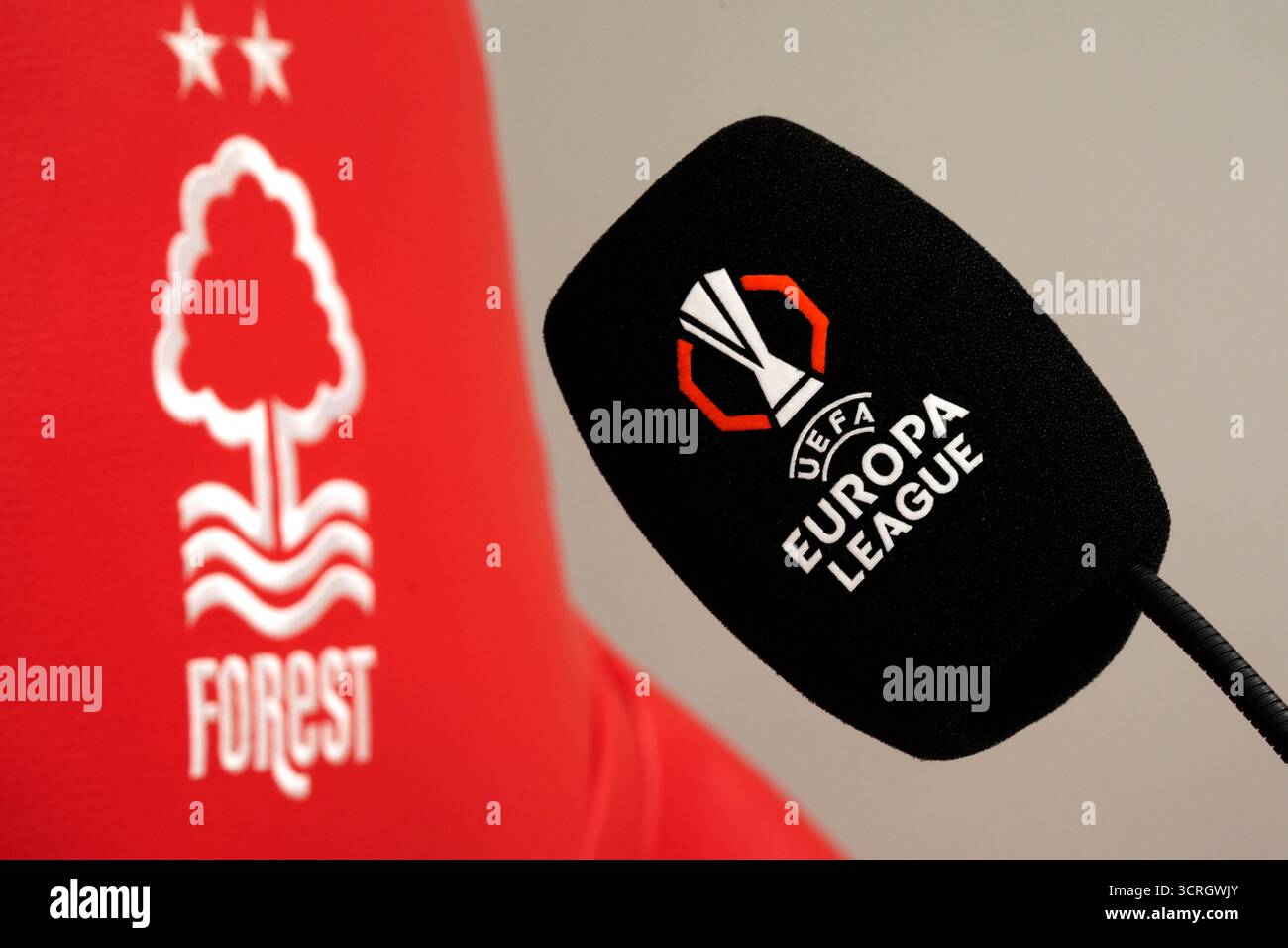 A close up of a microphone with the UEFA Europa League branding with a ...
