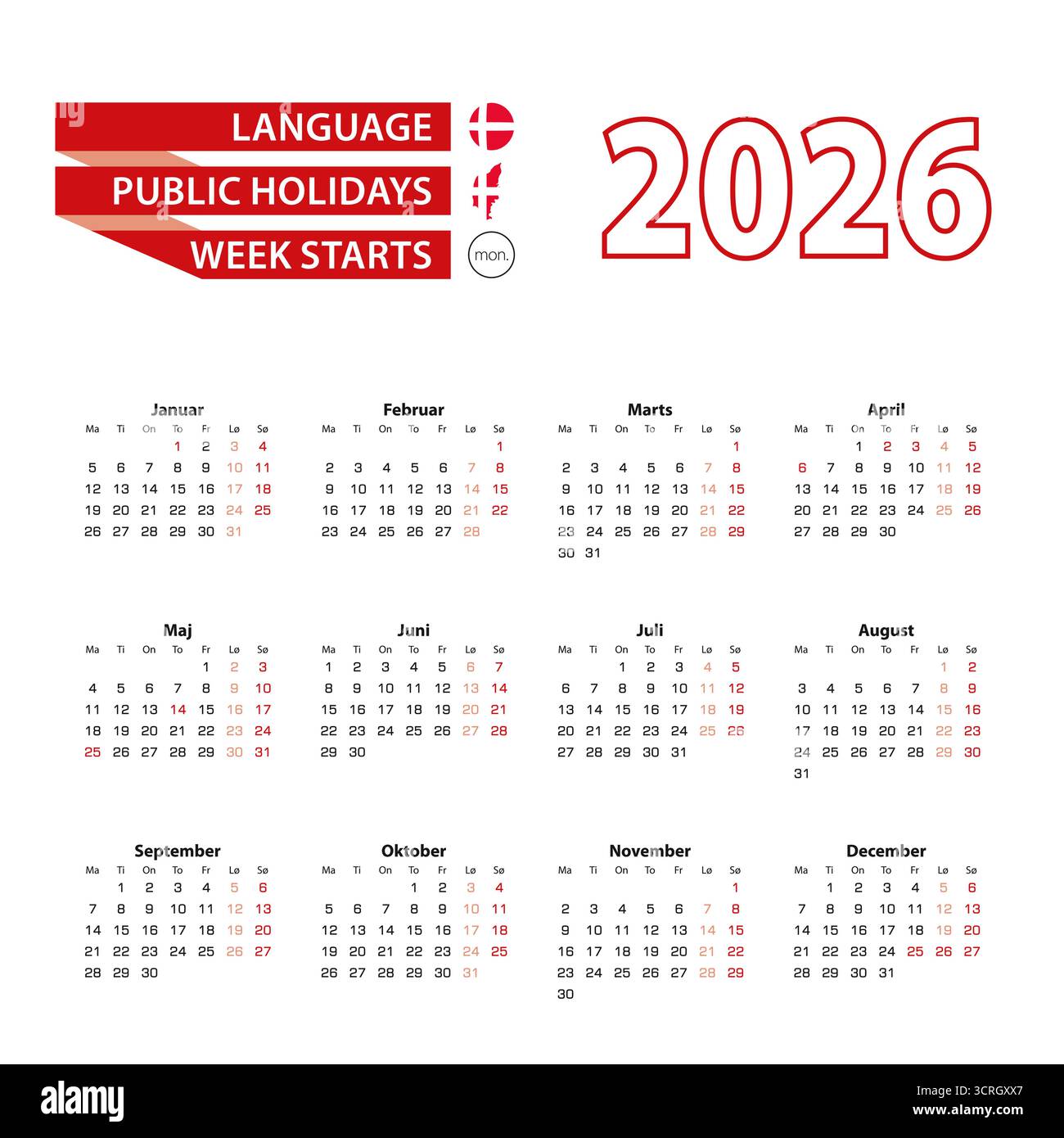 Calendar 2026 in Danish language with public holidays the country of ...