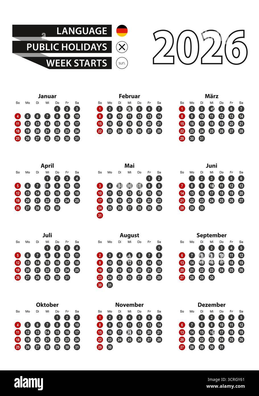 German calendar 2026 with numbers in circles, week starts on Sunday ...