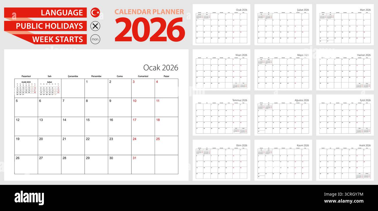 Turkish calendar planner for 2026. Turkish language, week starts from ...