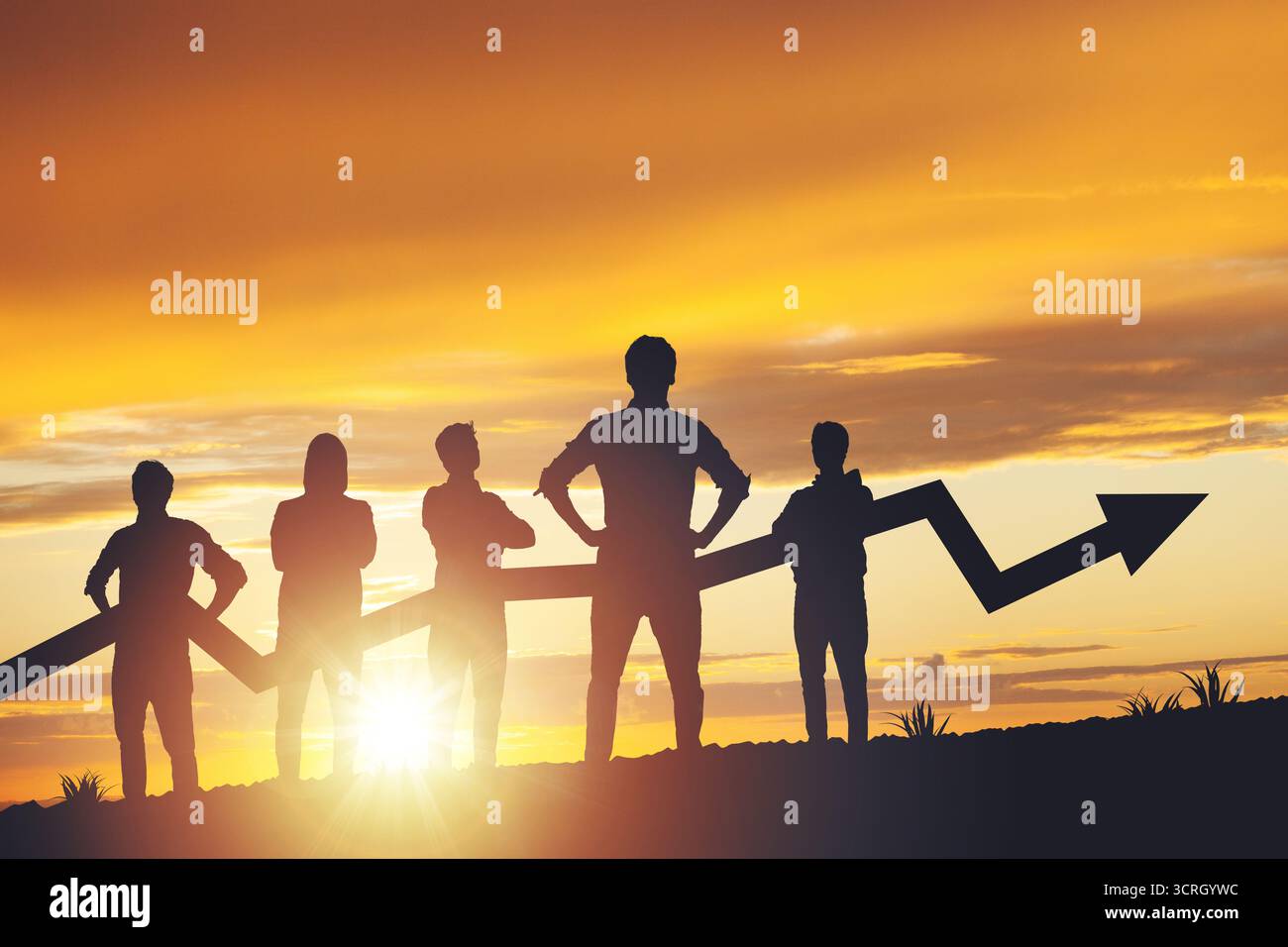 Team silhouette and up graph arrow on sunset background, leadership and ...