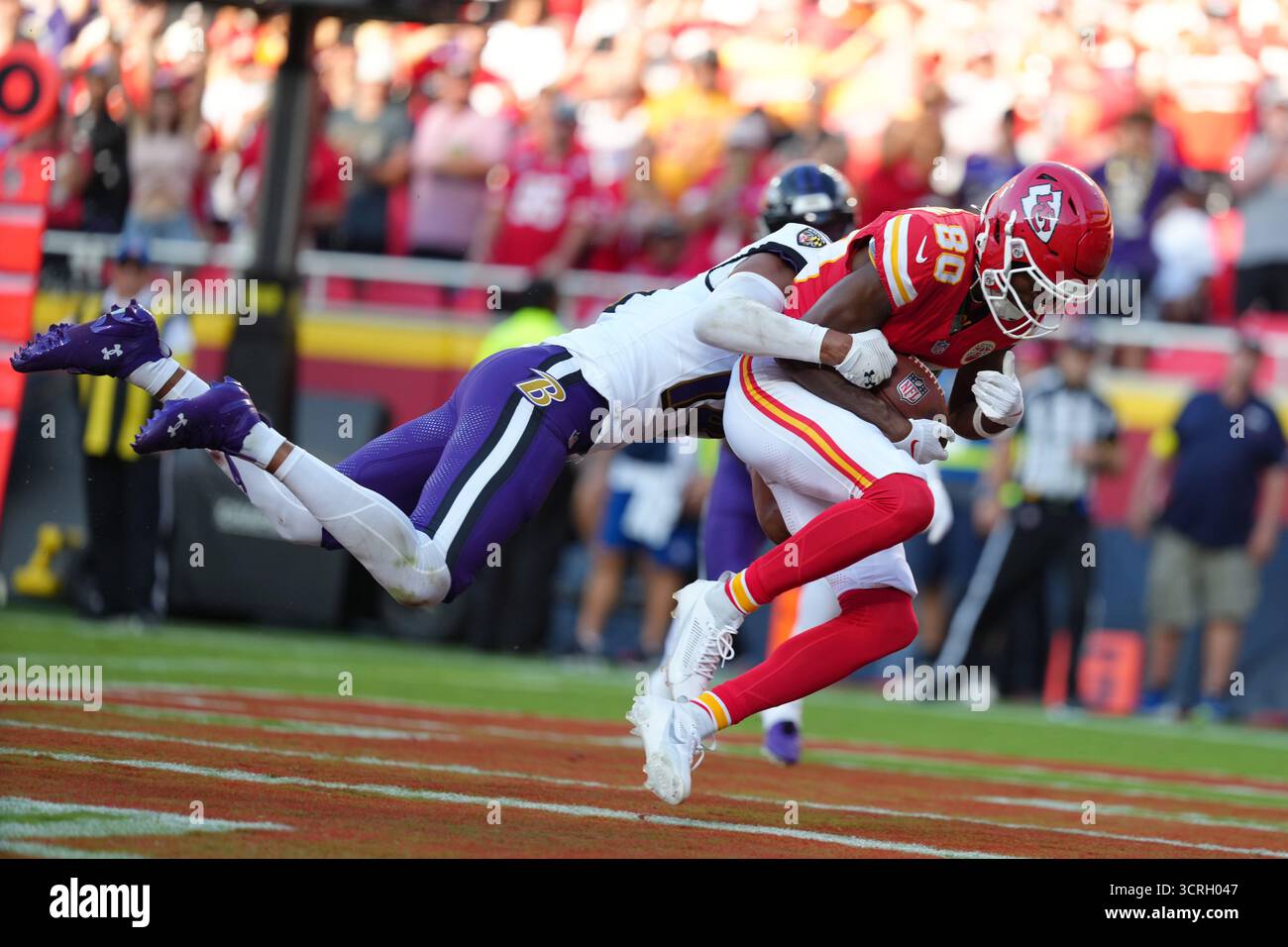 Kansas City Chiefs wide receiver Tyquan Thornton (80) catches a touchdown pass against Baltimore ...