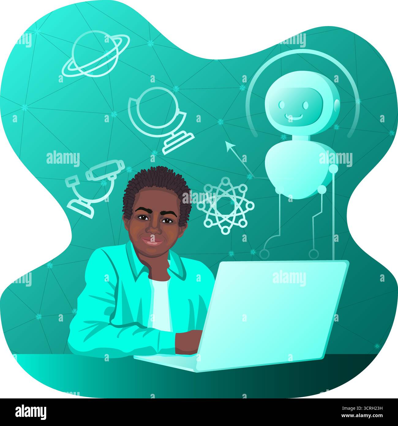 African boy with AI tutor in digital classroom with artificial ...