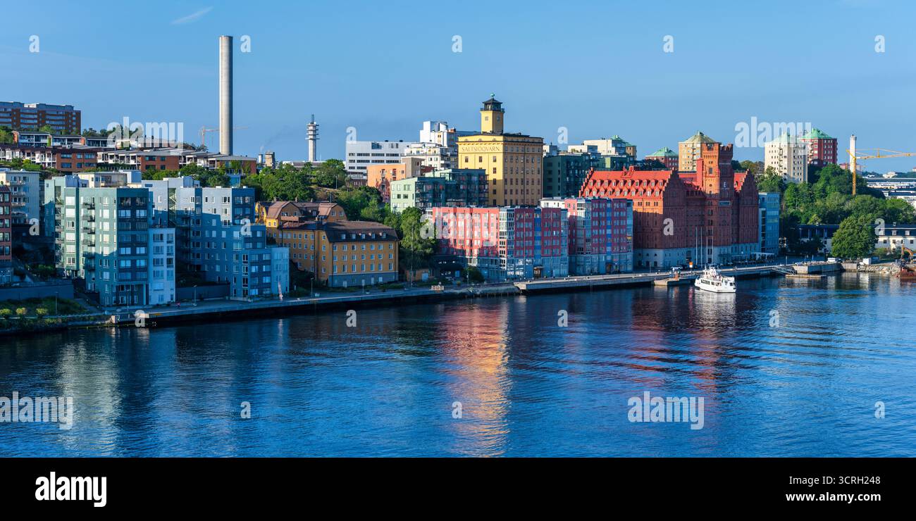 Modern waterfront development and historic former Saltsjökvarn mill ...
