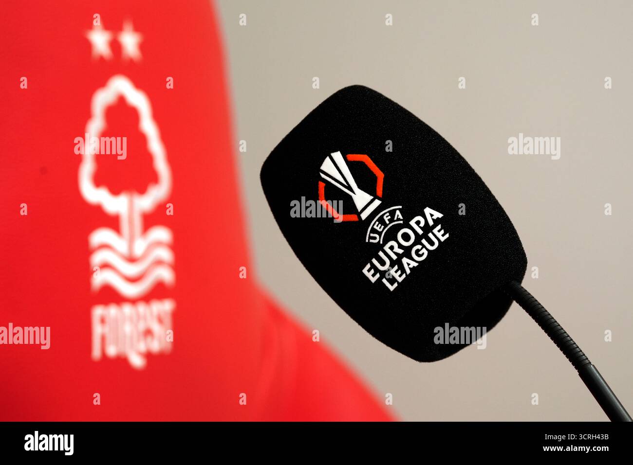 A close up of a microphone with the UEFA Europa League branding with a ...