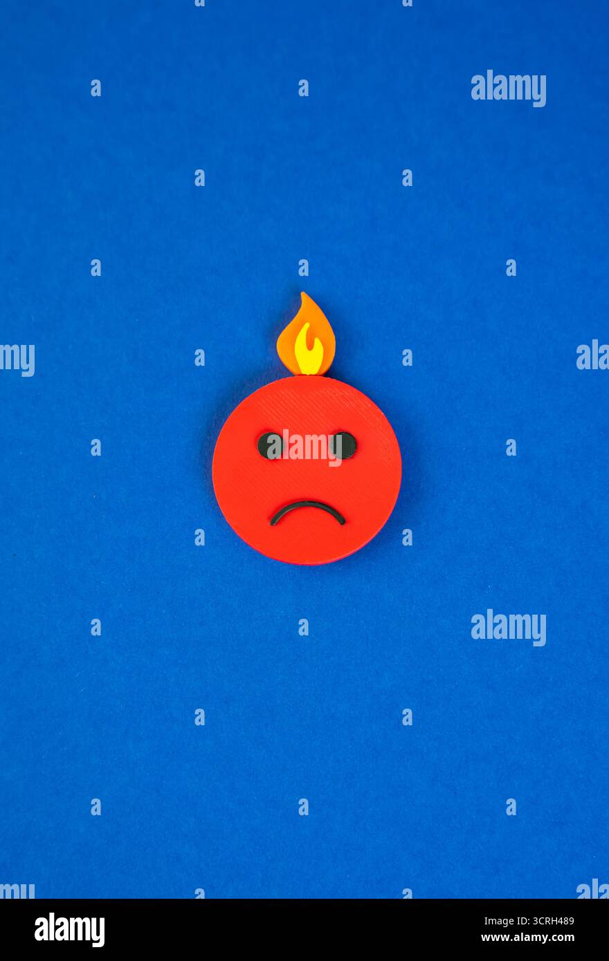 An angry face with fire on its head. Severe burnout. Doubts and fears ...