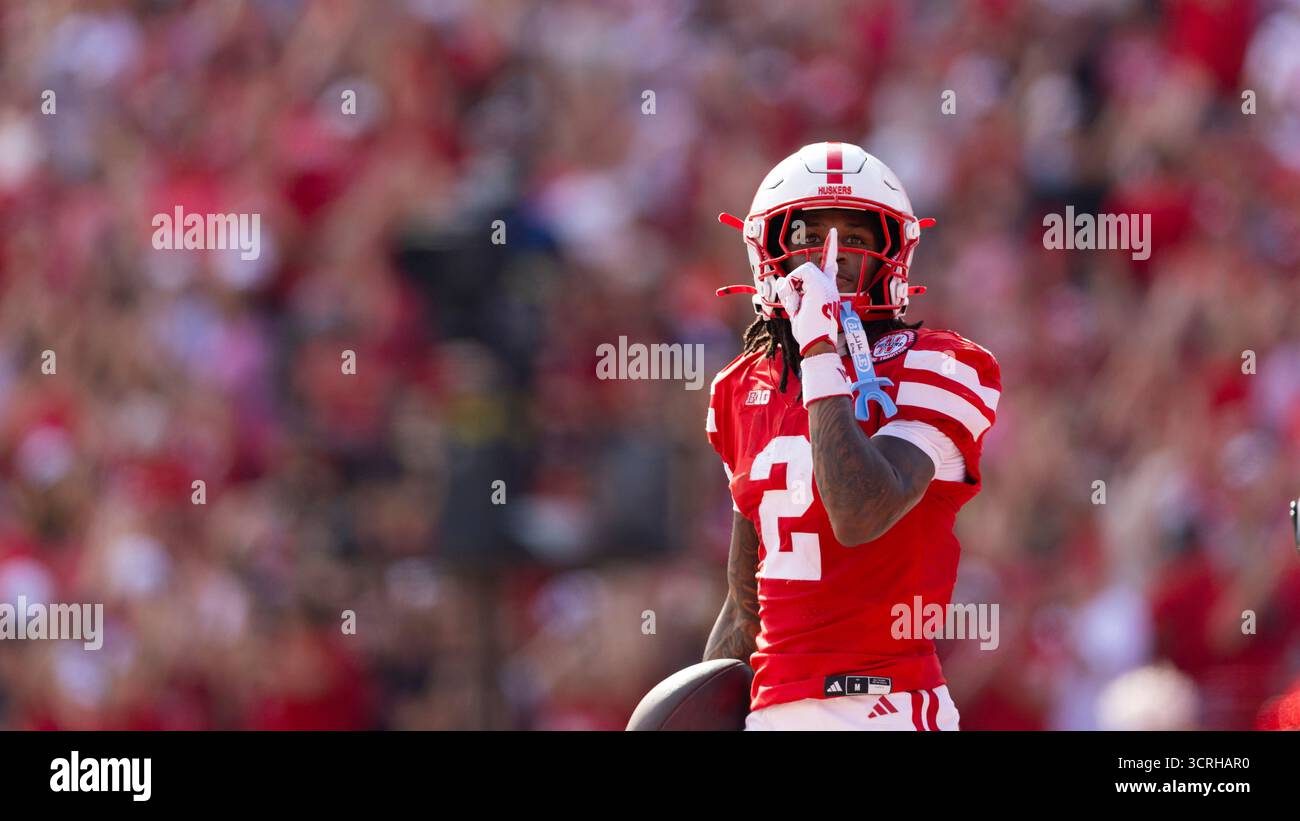 Nebraska wide receiver Jacory Barney Jr. (2) celebrates his touchdown ...