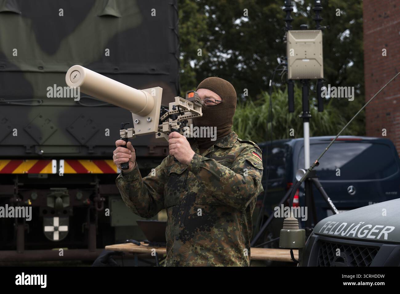 A Bundeswehr soldier presents the Counter UAV Jammer HP 47 on the ...