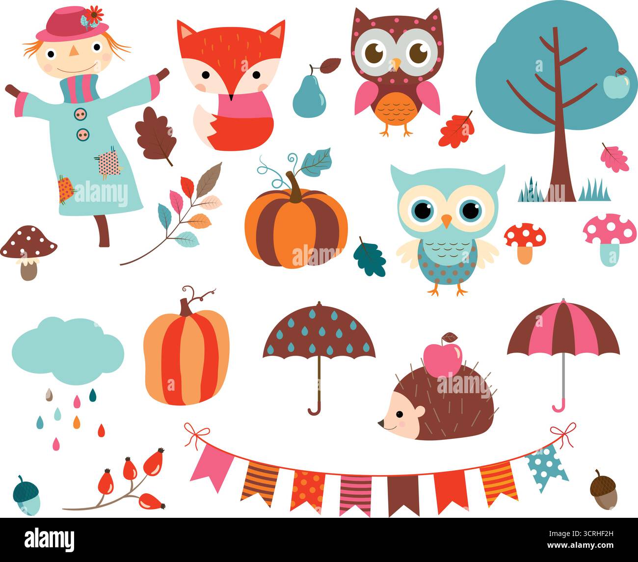 Vector set of fall bunting, scarecrow, owls, pumpkins, cloud with ...
