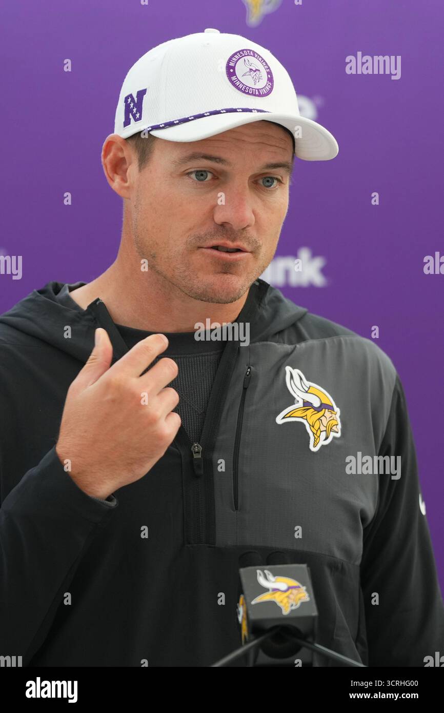 Minnesota Vikings head coach Kevin O'Connell speaks during a press conference at NFL football ...