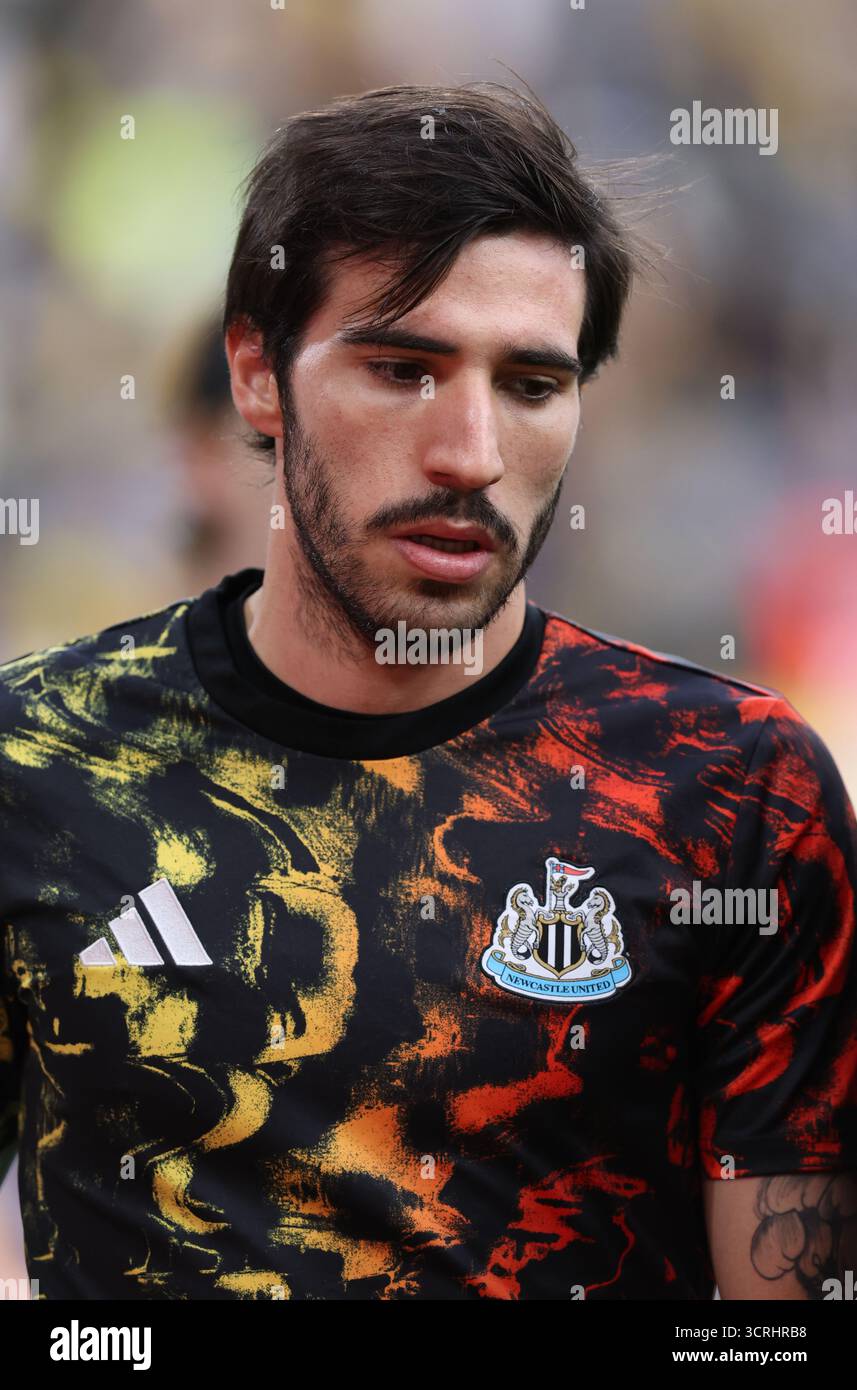 Newcastle United's Sandro Tonali warming up before the UEFA Champions League at Lotto Stadium in ...