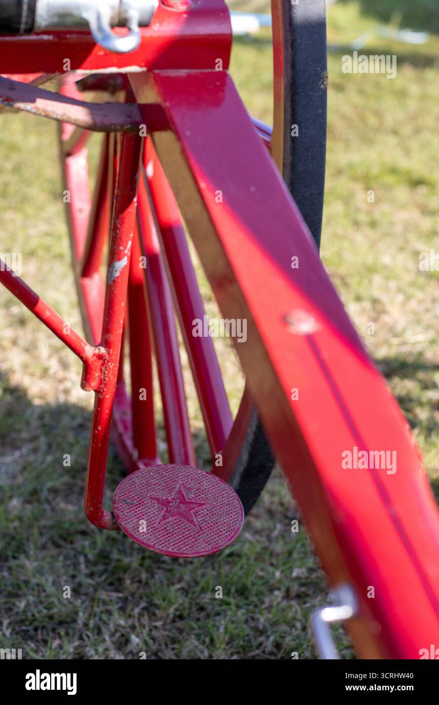 Close up detail of a red traditional heavy horse cart shire carriage at ...
