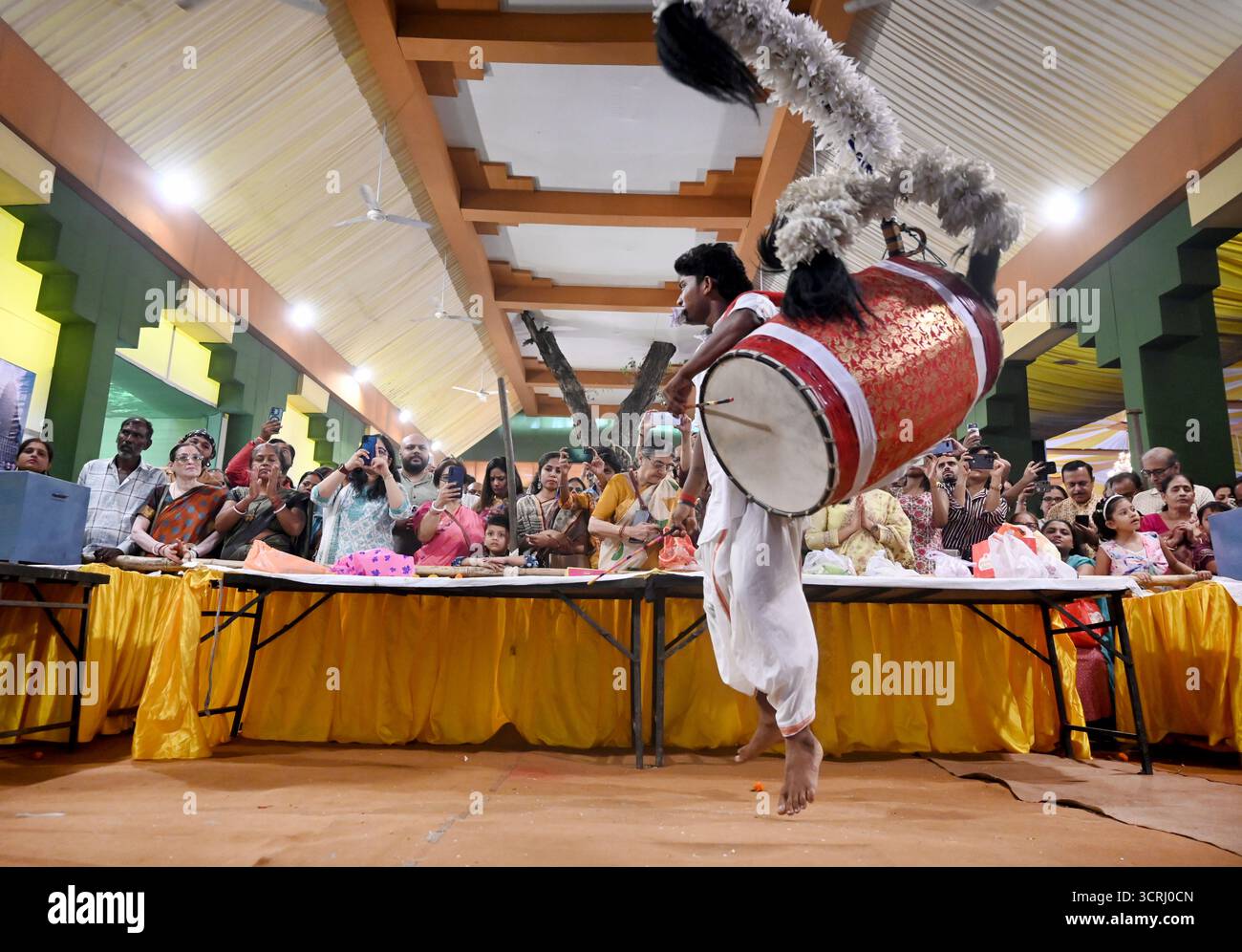NOIDA, INDIA - OCTOBER 1: Artists play traditional dhak drums on Maha ...