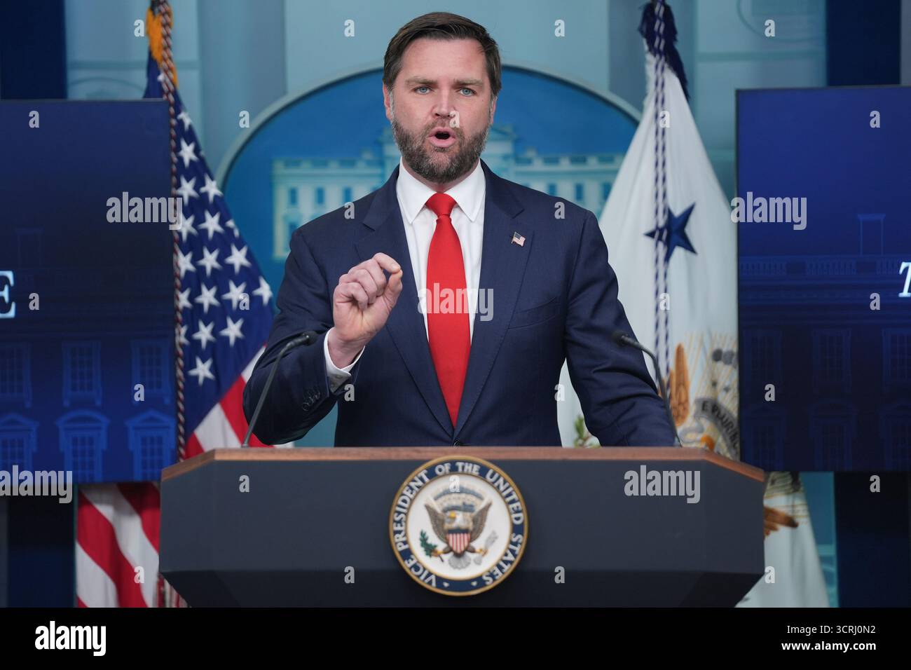 Vice President JD Vance speaking with reporters in the James Brady Press Briefing Room at the ...