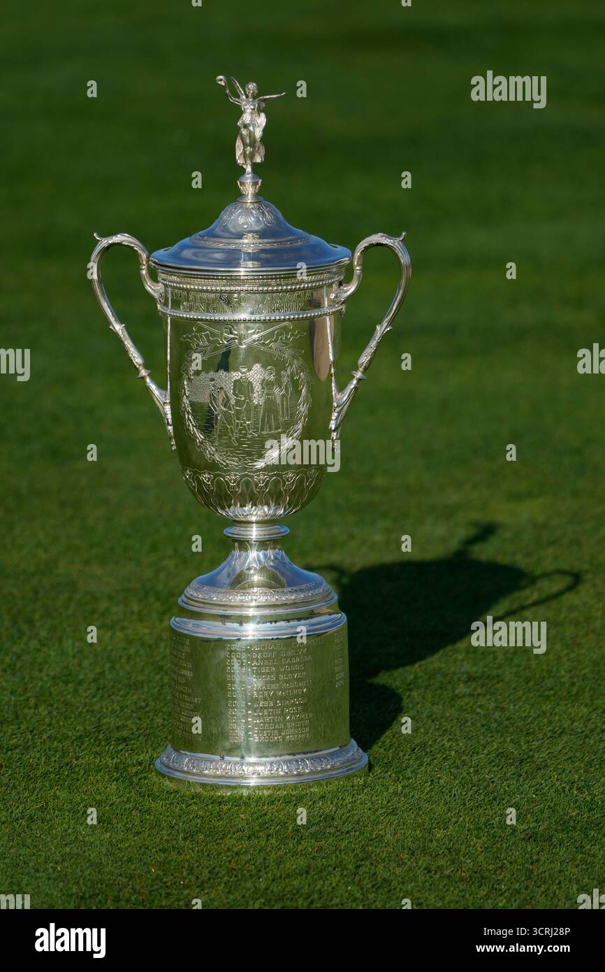 The U.S. Open Golf Championship trophy is seen at Shinnecock Hills Golf ...