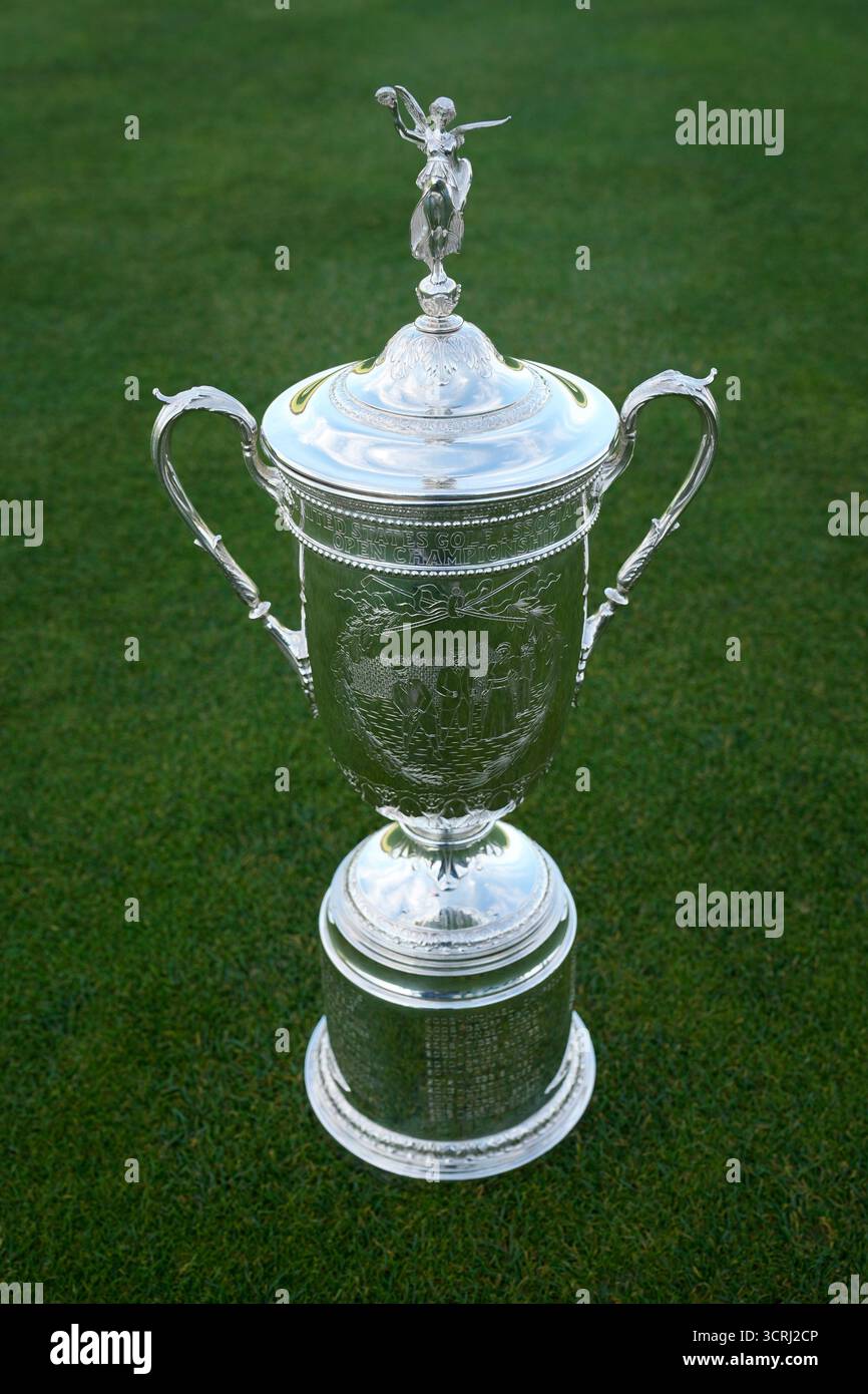 The U.S. Open Golf Championship trophy is seen at Shinnecock Hills Golf ...