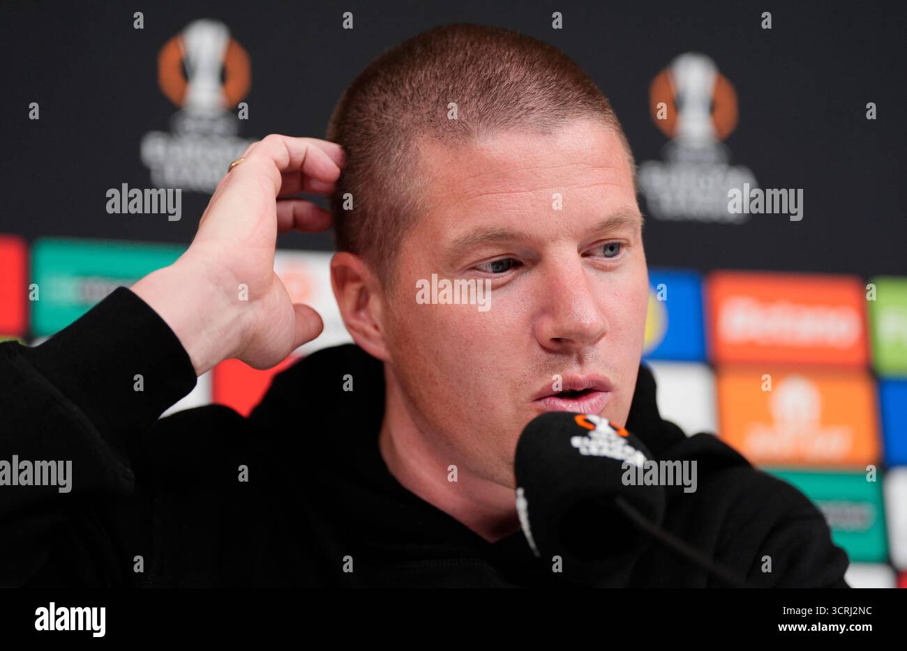Midtjylland manger Mike Tullberg during a press conference at the City ...
