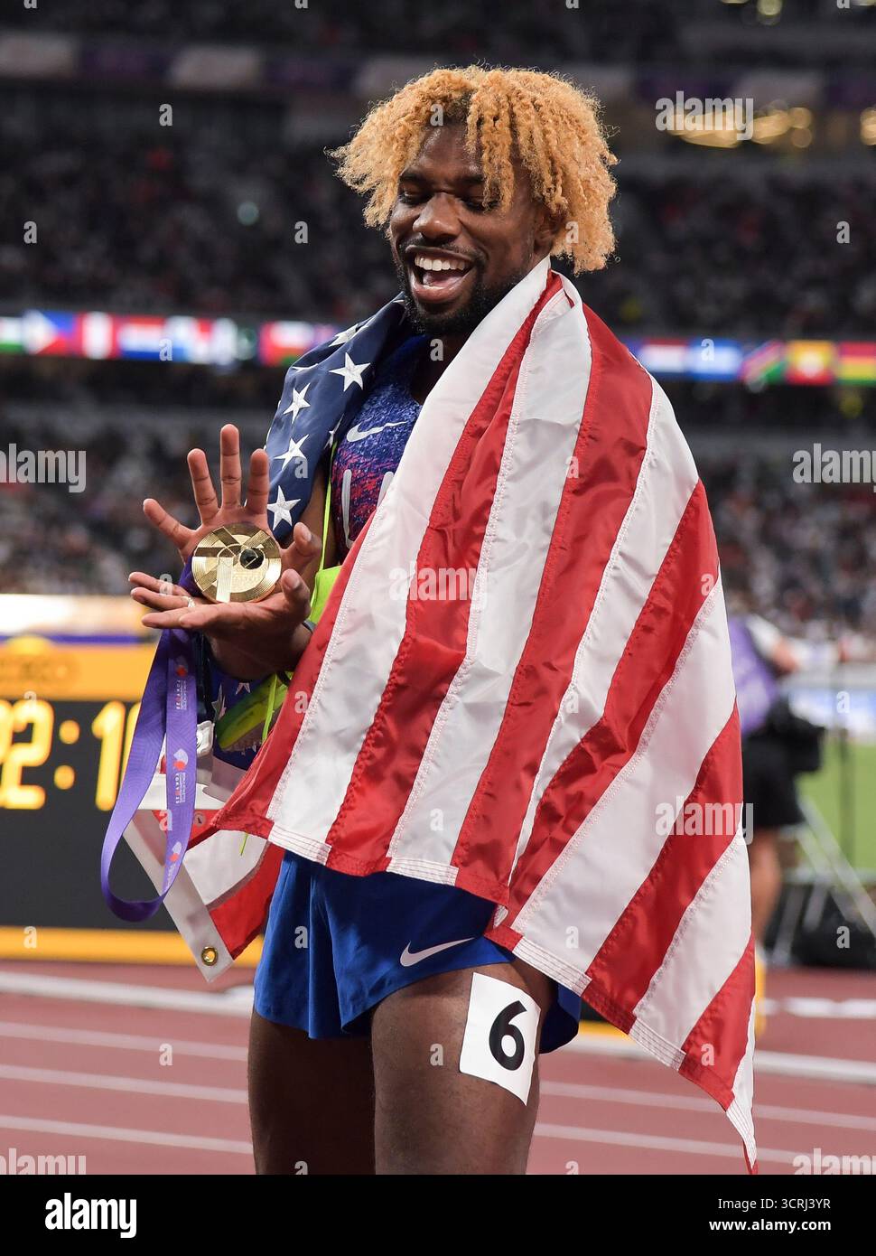 Noah Lyles of the USA celebrates wining the gold medal in the men’s ...