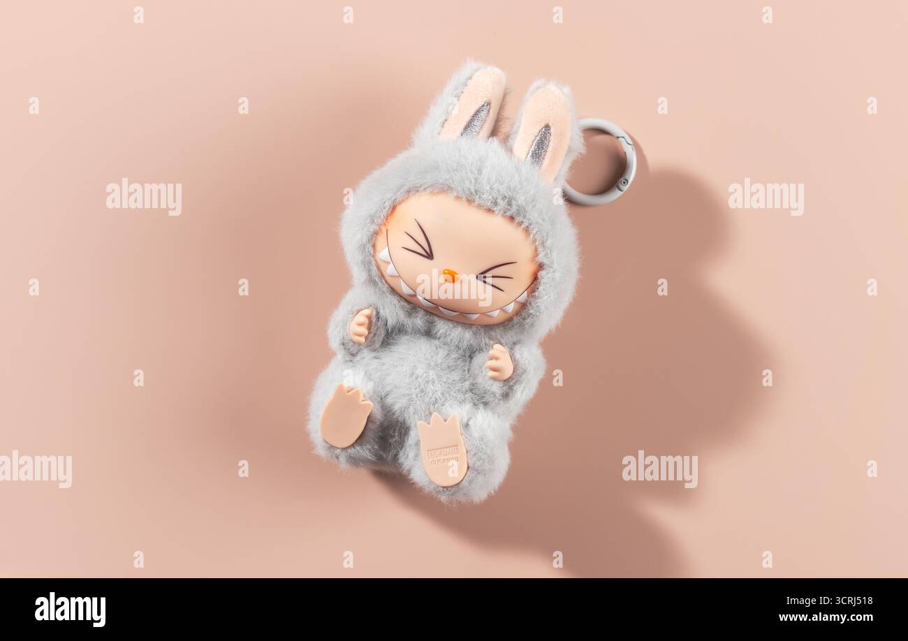 Labubu in a fluffy gray bunny suit on a pink background. Top view ...