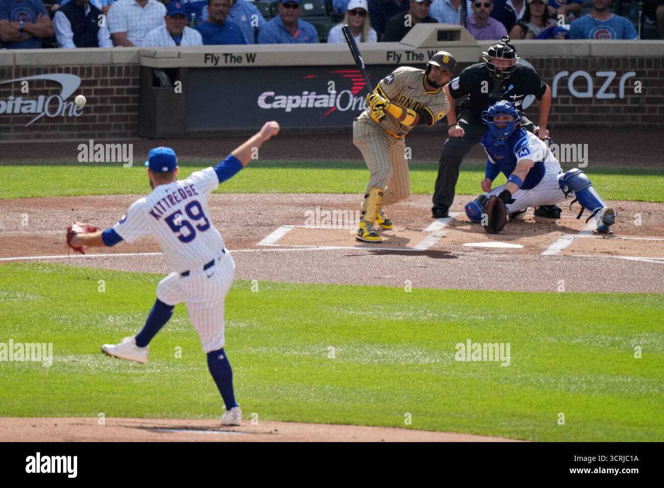 San Diego Padres' Luis Arraez hits a single off Chicago Cubs pitcher ...