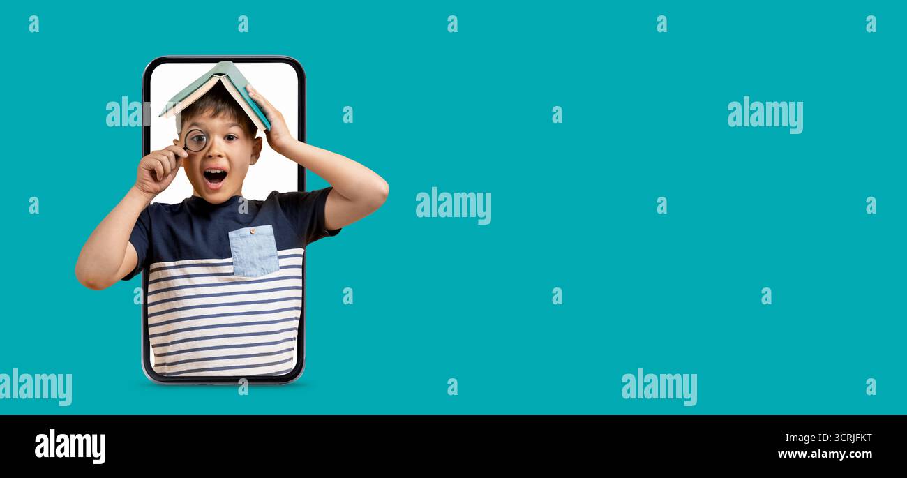 Child Holding a Book and Magnifying Glass, Expressing Excitement and ...