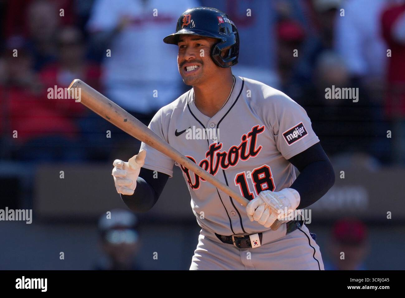 Detroit Tigers' Jahmai Jones reacts as he strikes out in the seventh ...