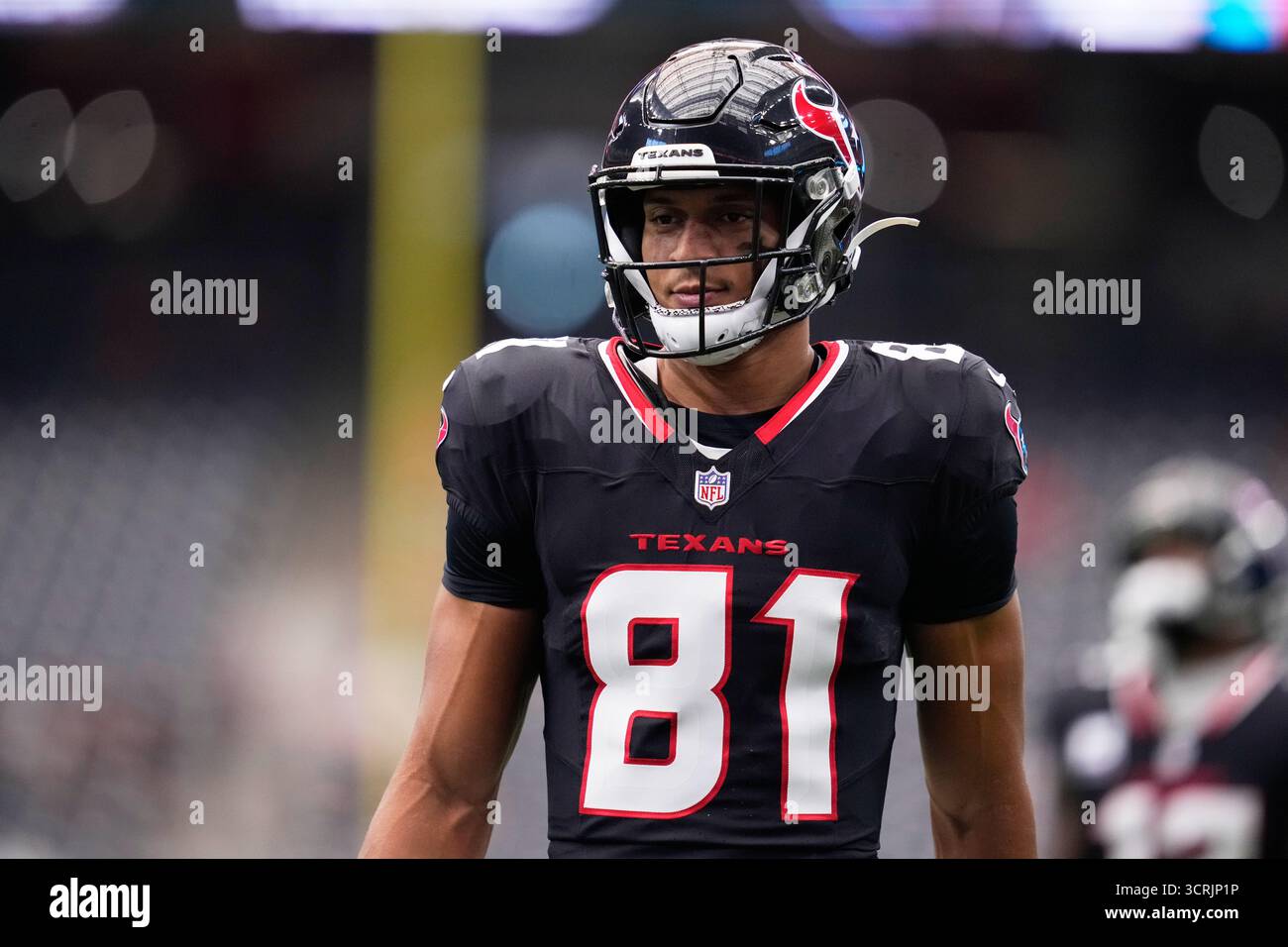 Houston Texans wide receiver Jayden Higgins warms up before an NFL ...