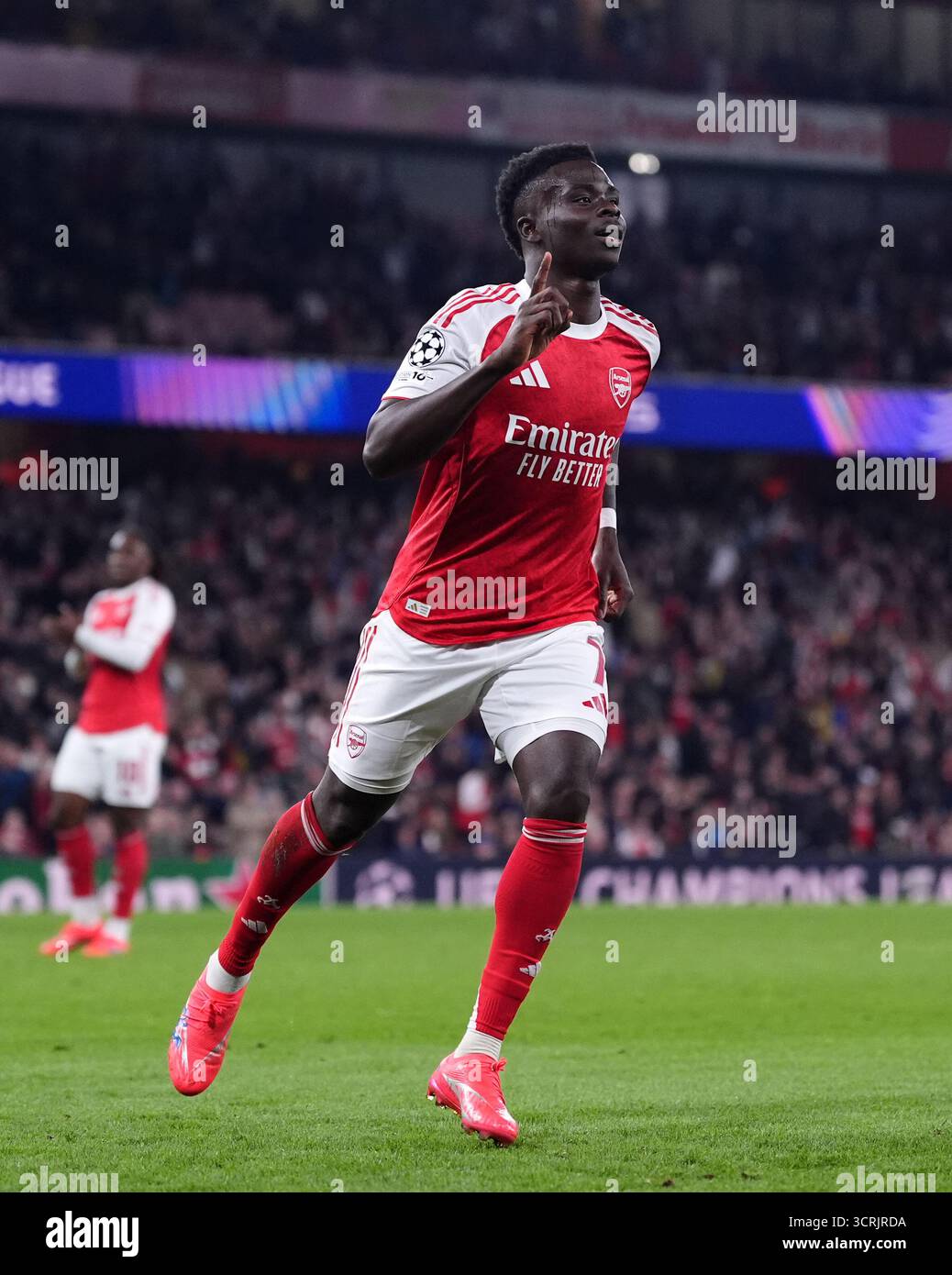 Arsenal's Bukayo Saka celebrates scoring their side's second goal of ...