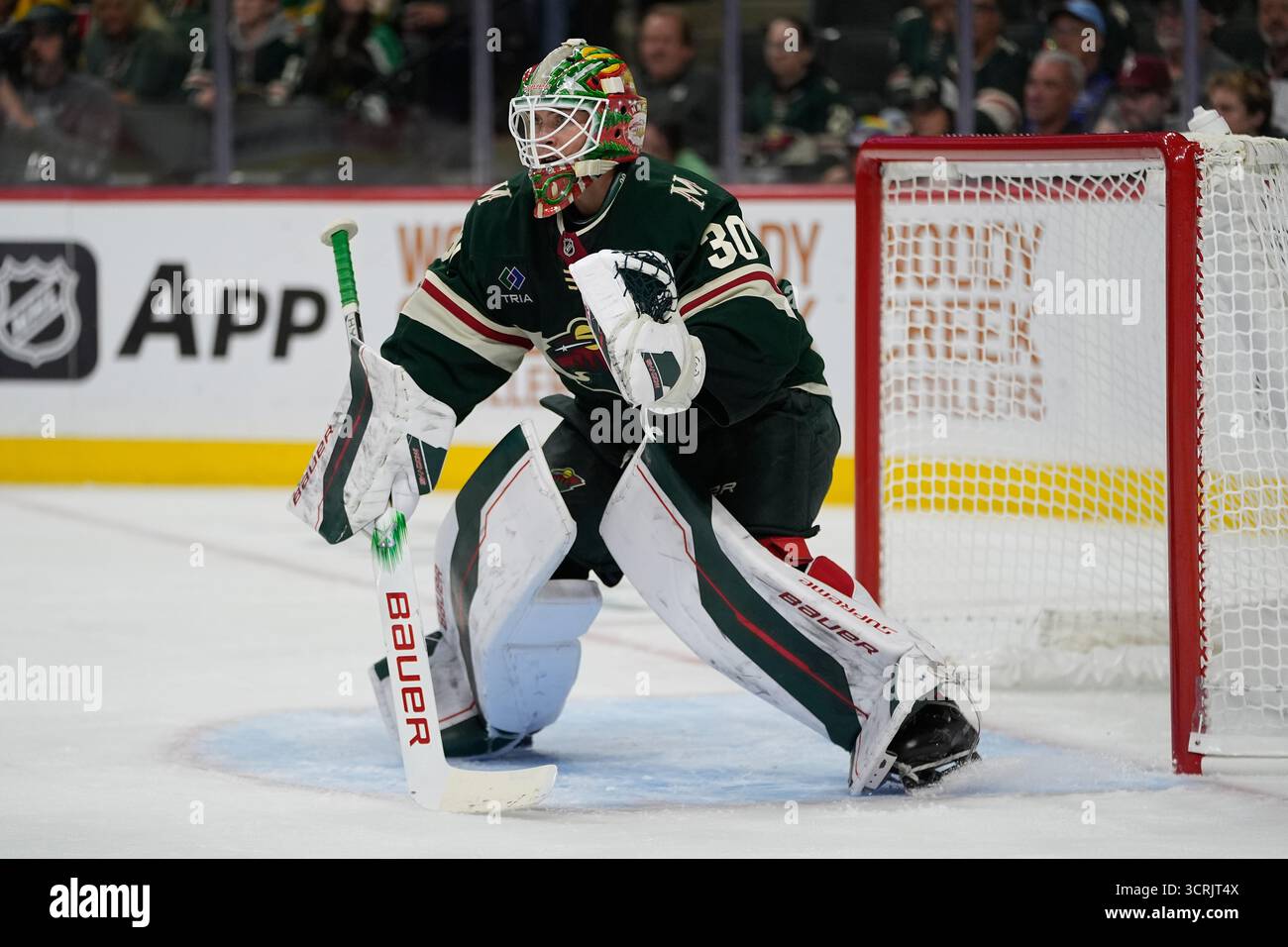 Minnesota Wild goaltender Jesper Wallstedt (30) stands in the goal ...