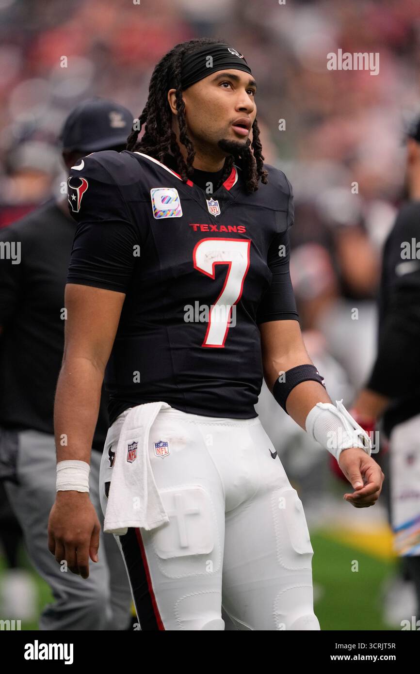 Houston Texans quarterback C.J. Stroud stands on the sideline during an ...