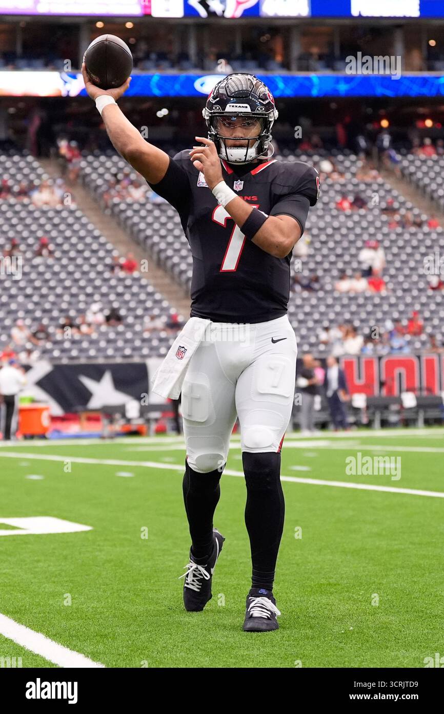 Houston Texans quarterback C.J. Stroud warms up before an NFL football ...