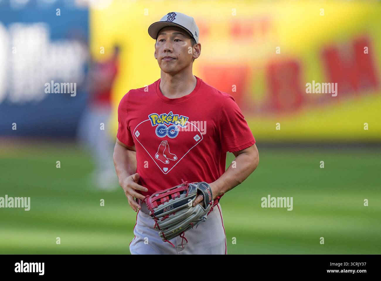 Boston Red Sox outfielder Masataka Yoshida warms up before playing against the New York Yankees ...