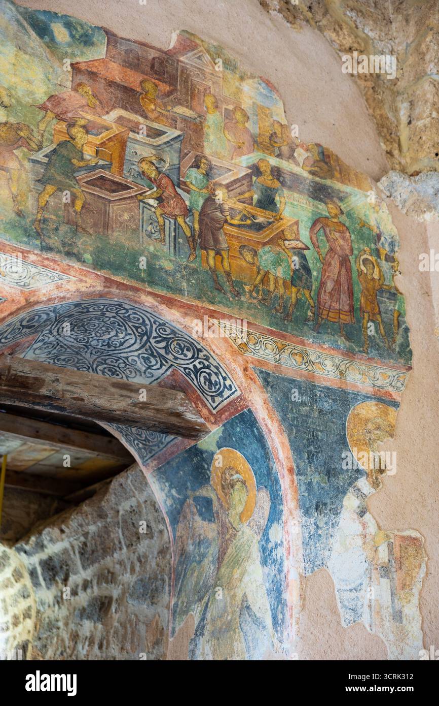 Painted frescoes decorations of medieval monastery in Sopocani Stock ...