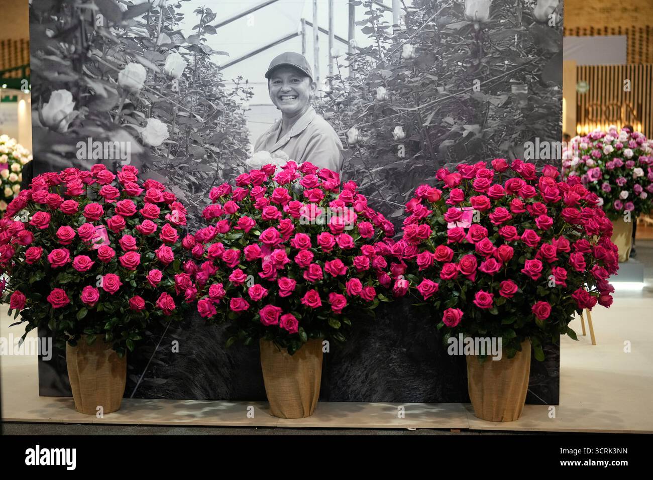 A photo of a flower farmer is displayed at a stand during Proflora, a ...