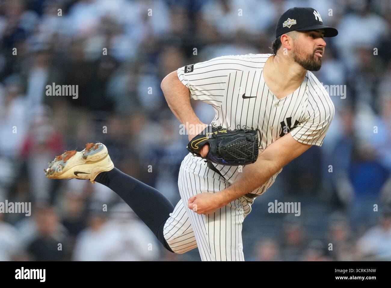 New York Yankees pitcher Carlos Rodón delivers against the Boston Red ...