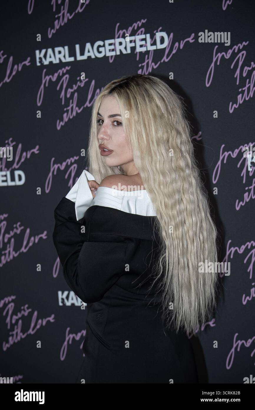 Ava Max poses during the Karl Lagerfeld Party in Paris, Wednesday, Oct ...