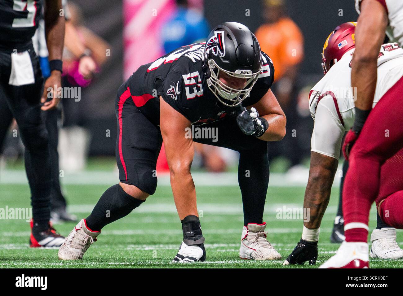 Atlanta Falcons guard Chris Lindstrom (63) lines up during the first ...