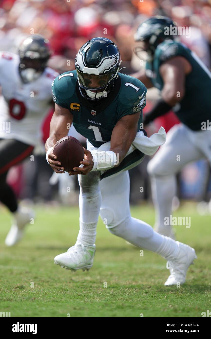 Philadelphia Eagles quarterback Jalen Hurts (1) tries to collect a bad ...