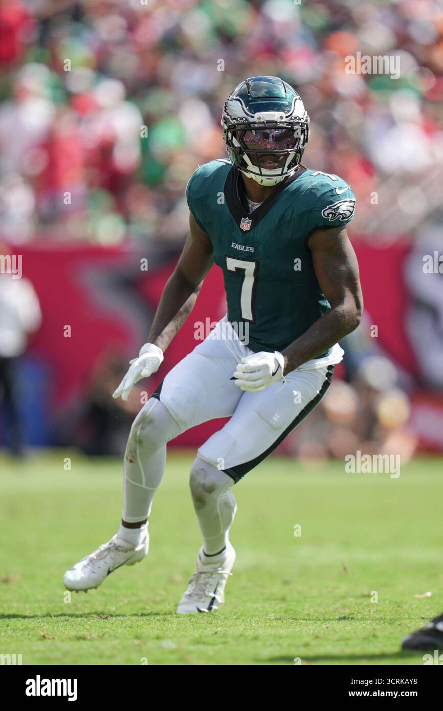 Philadelphia Eagles cornerback Kelee Ringo (7) runs tot he ball carrier during an NFL football ...
