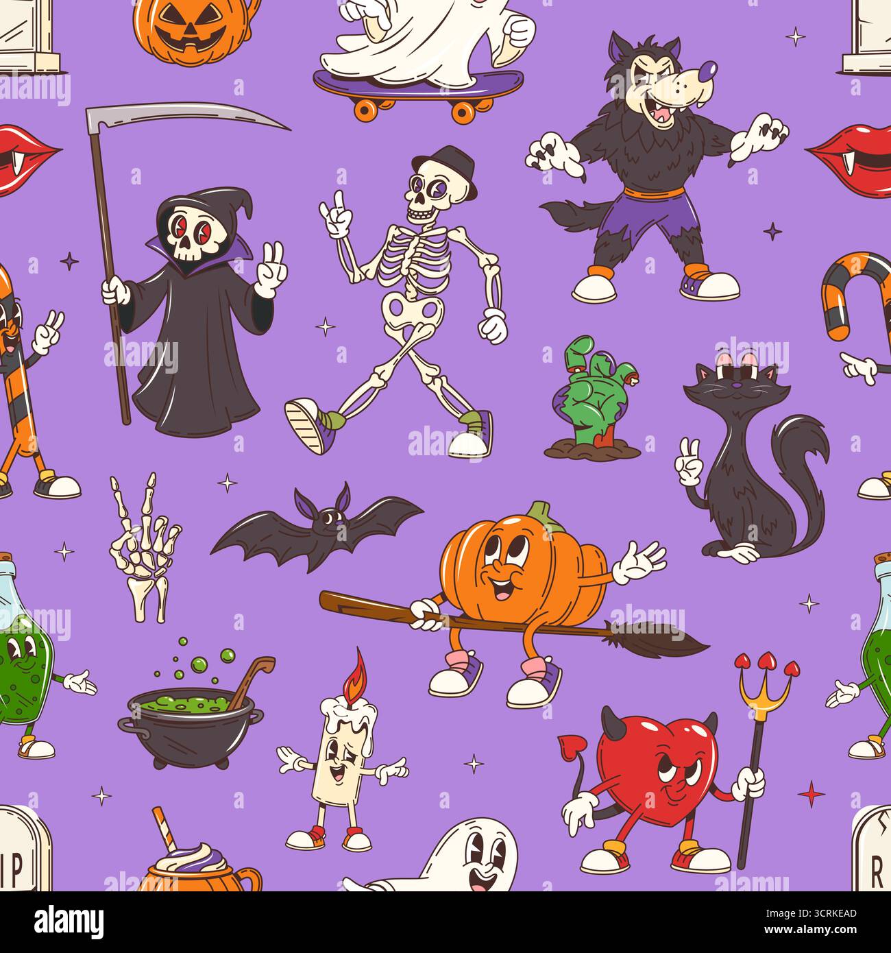 Groovy Halloween characters seamless pattern with pumpkin on broom ...
