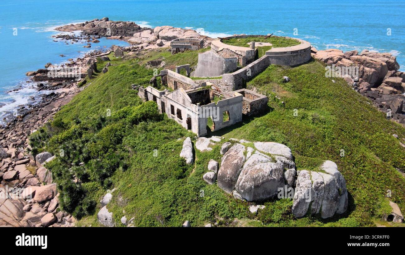 Aerial view of an ancient 18th century fortress in ruins, Brazilian ...