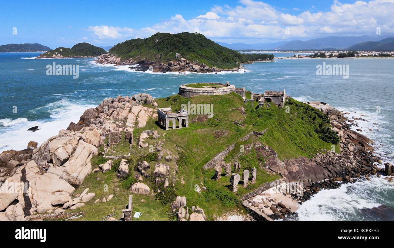 Aerial view of an ancient 18th century fortress in ruins, Brazilian ...