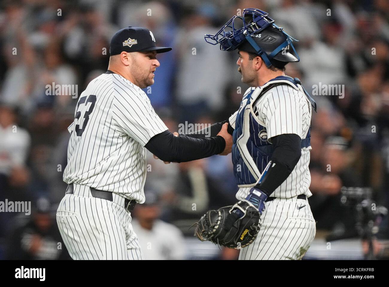 New York Yankees pitcher David Bednar (53) celebrates with catcher ...