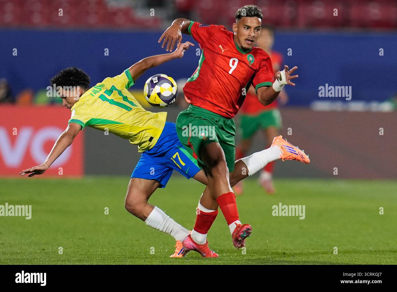 Brazil's Rhuan Gabriel, left, and Morocco's Younes Elbahraoui vie for the ball during a FIFA U ...