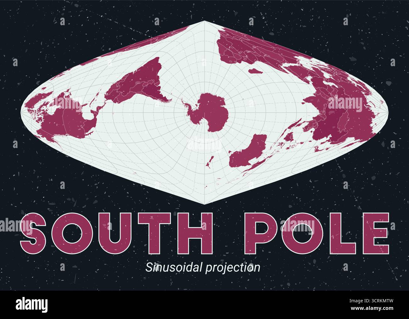 South Pole. World map. Sinusoidal projection centered on the South Pole ...