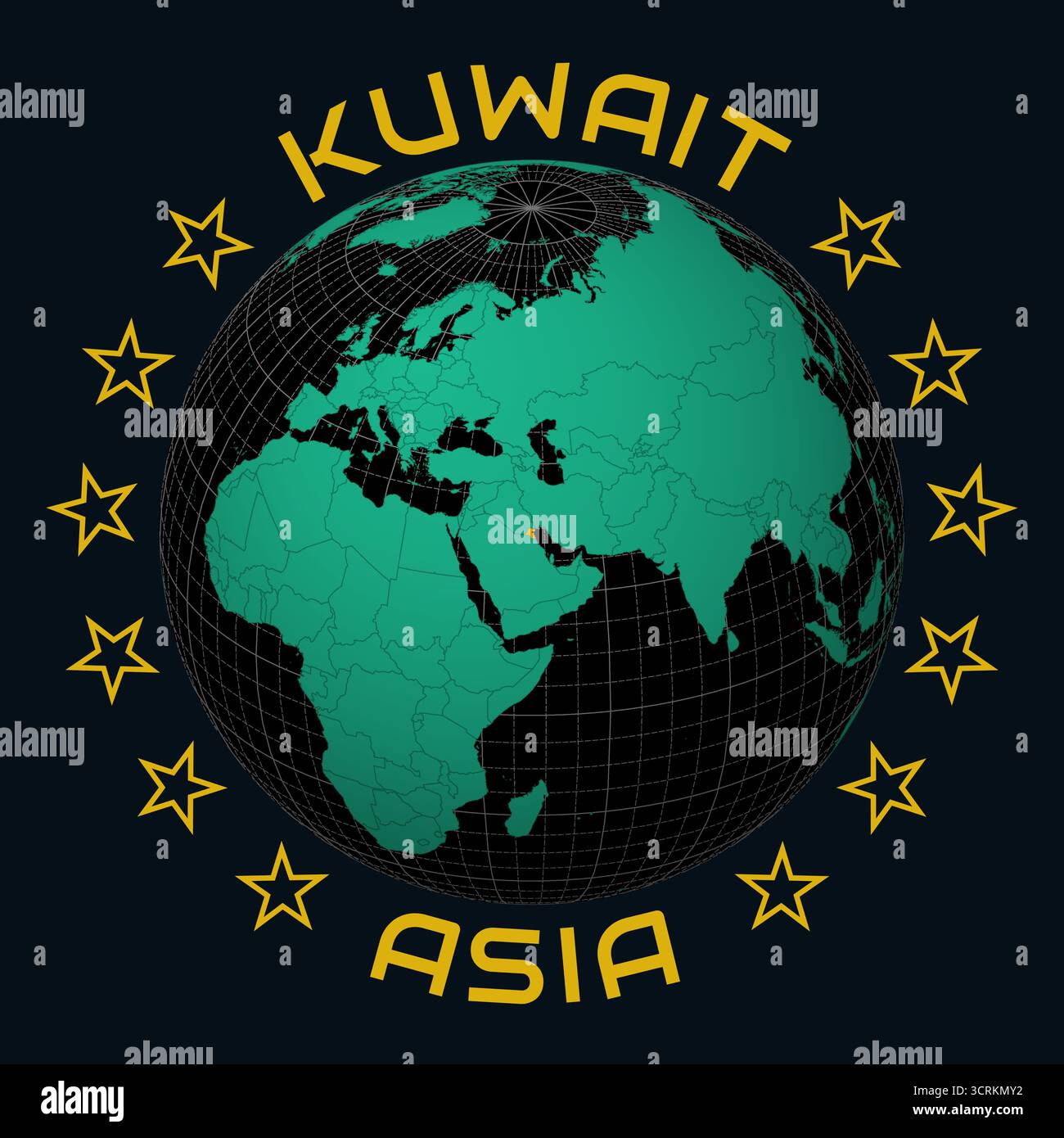 Kuwait on Globe. Round country and continent name text. Country view on ...