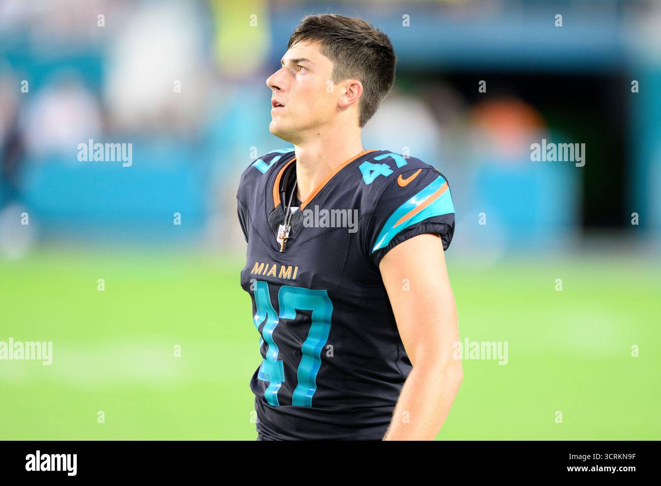 Miami Dolphins kicker Riley Patterson (47) stands the field before an ...